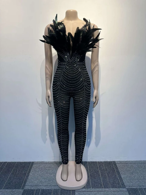 Sexy Sheer Mesh Feather Patchwork Rhinestone Jumpsuits Women Off The ...