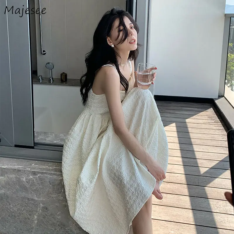 여성용 캐주얼 솔리드 백리스 민소매 드레스 올 매치 A 라인 트렌디 한국 스타일 우아한 미드 카프 여름 스위트 인스