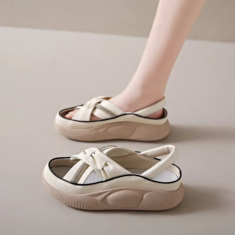 2023 Summer Open Toe Low Sandals Woman Leather Soft Suit Female Beige ...