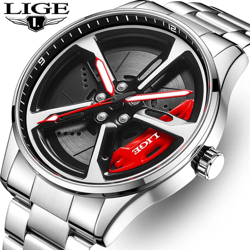LIGE Fashion Mens Car Wheel Watches Luxury Steel Waterproof Watch for ...