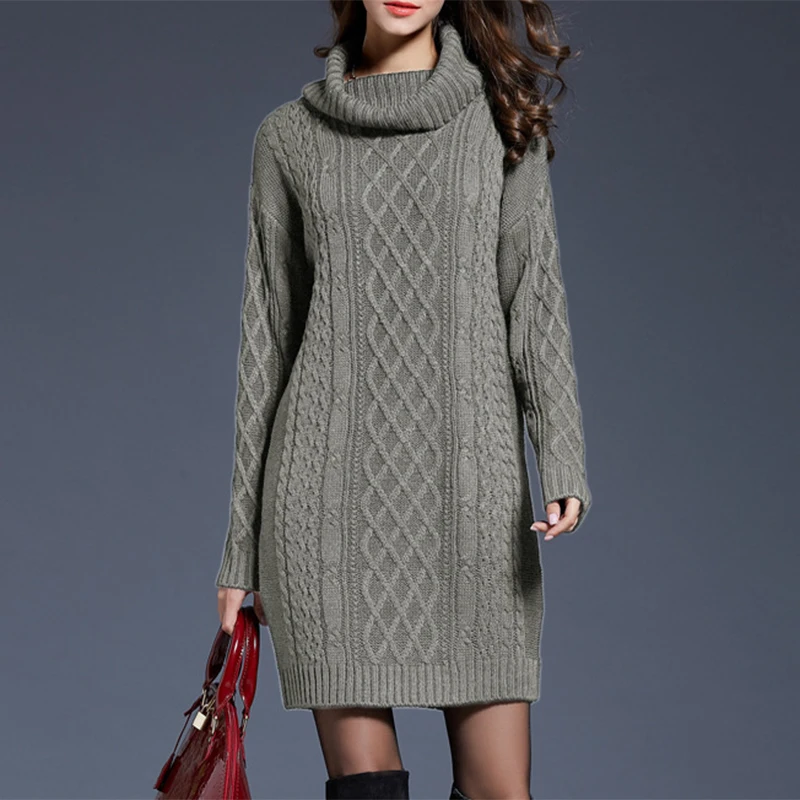 Plus-Size-Women-Casual-Knitted-Long-Sleeve-Winter-Dresses-Sweater-Solid ...