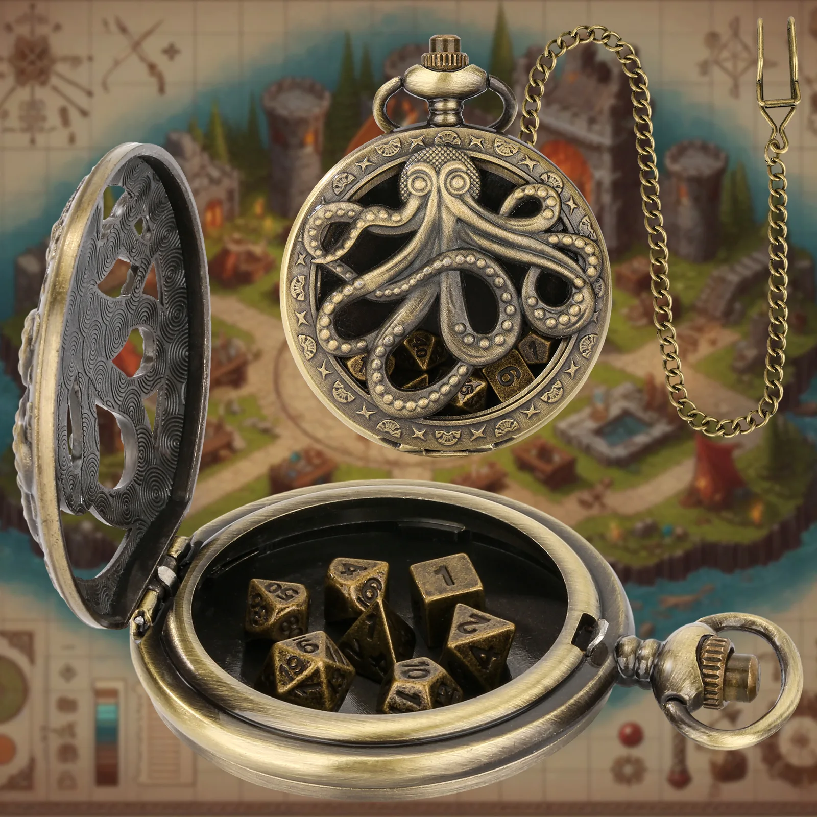 7 PCS DND Dice with Vintage Pocket Watch Cases for dnd with 39cm chain ...