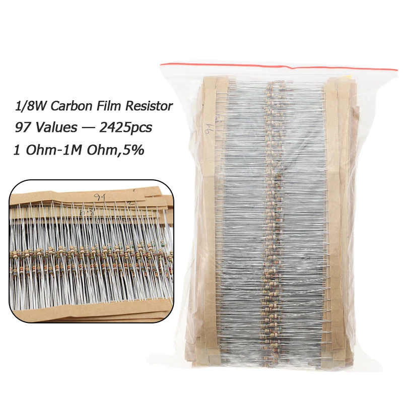 2425Pcs 5% 1/8W Carbon Film Resistor 97 Values Assortment Kit 1 Ohm-1M ...