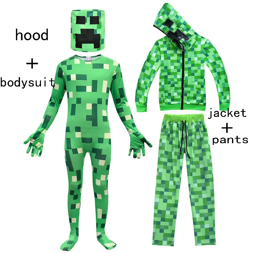 Kids Green Plaid Pixel Cosplay Crawler Creepers Costume Carnival Boy ...