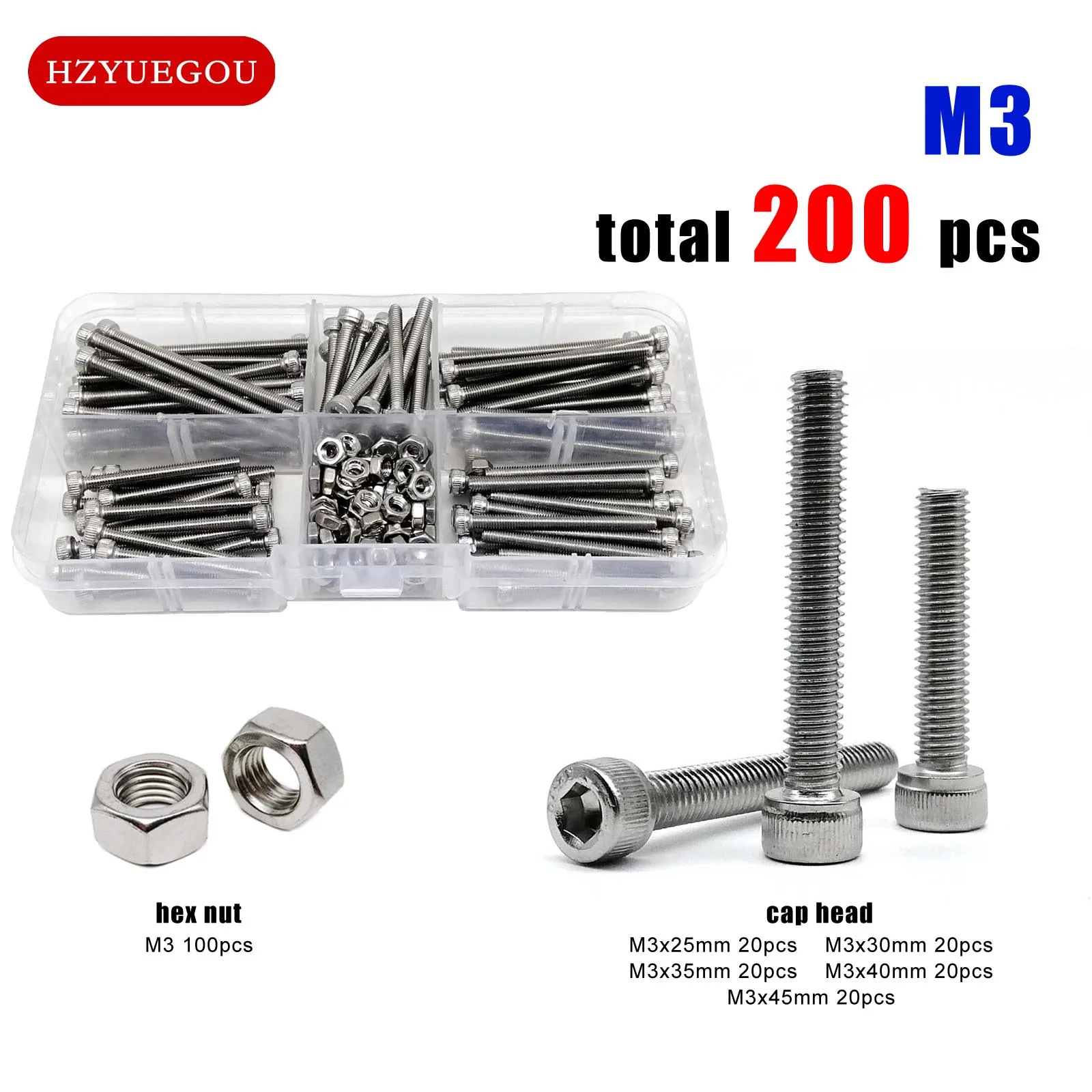 200pcs-DIN912-M3-Allen-Hexagon-Hex-Socket-Head-Cap-Screw-Bolt-Nut-Set ...