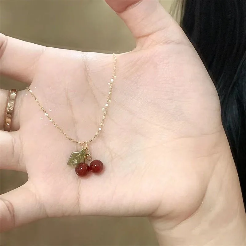 Korean Cute Crystal Cherry Pendant Necklace Fashion Design Trend Lovery ...