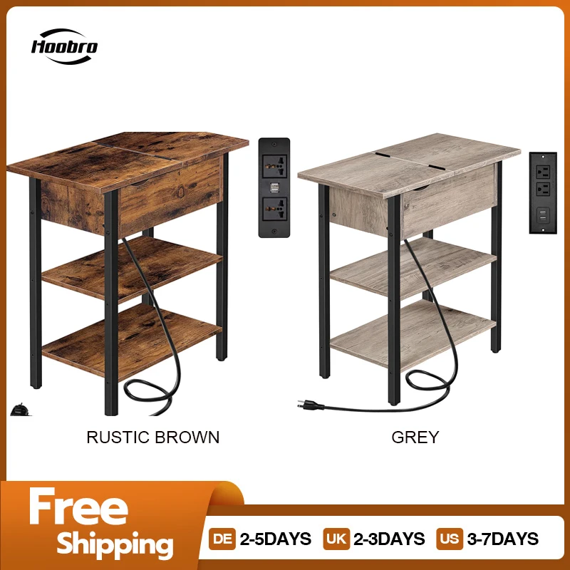 HOOBRO Side Table Flip-Top Sofa Table With Charging Station And Shelf ...