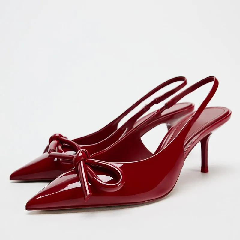 TRAF-Red-Bow-Stilettos-Slingbacks-Pumps-Women-Point-Head-Patent-Leather ...