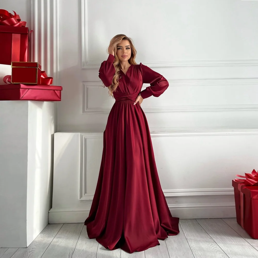 Vindal-Evening-dresses-Stain-A-Line-Full-sleeve-V-neck-Draped-Floor ...