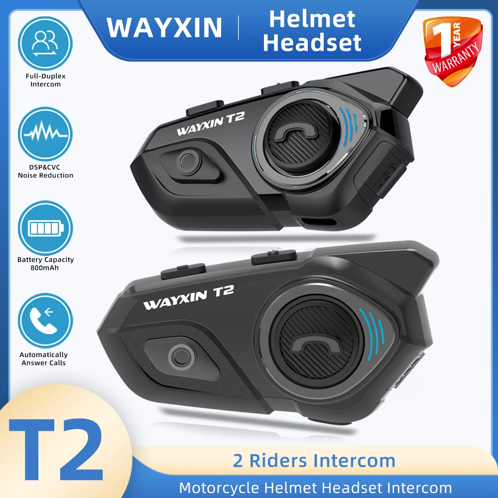 WAYXIN T2 Motorcycle Helmet Headset For 2 Riders Bluetooth Intercom ...