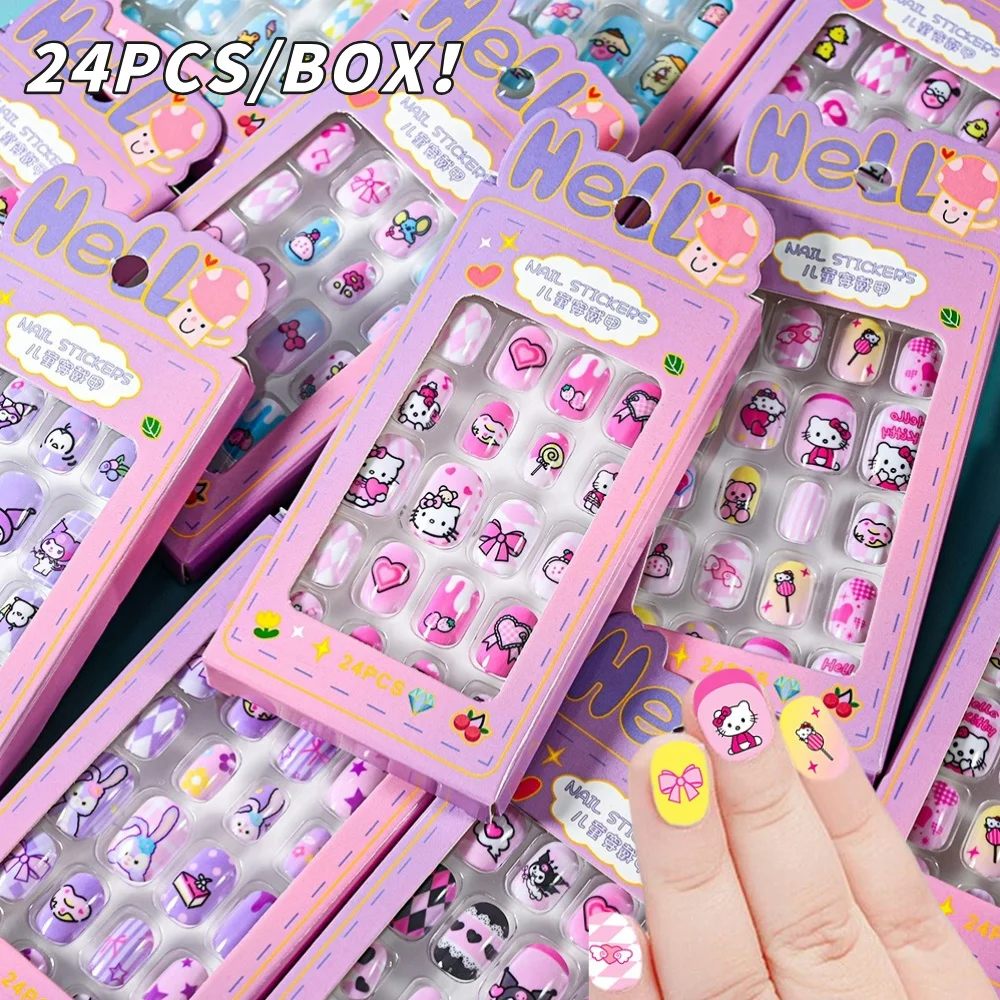 24Pcs-Box-Miniso-Hello-Kitty-Children-Fake-Artificial-Nail-Tips-Cute ...