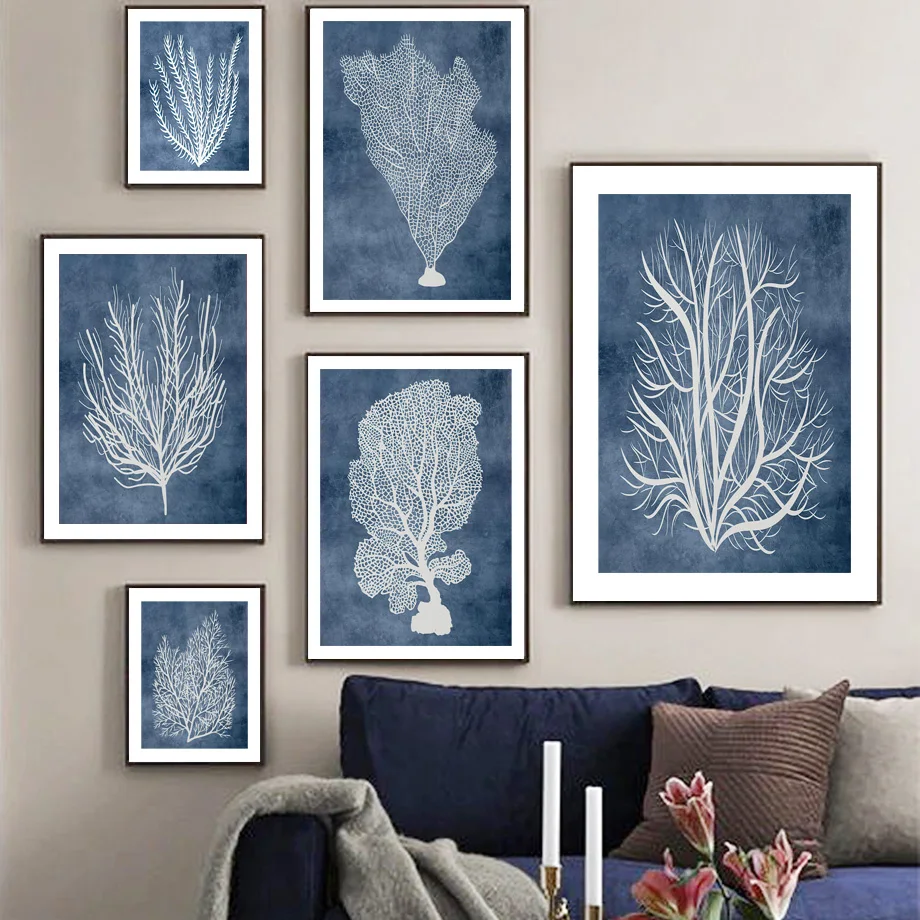 Navy-Blue-Sea-Coral-Seaweed-Wall-Art-Canvas-Painting-Nordic-Posters-And ...