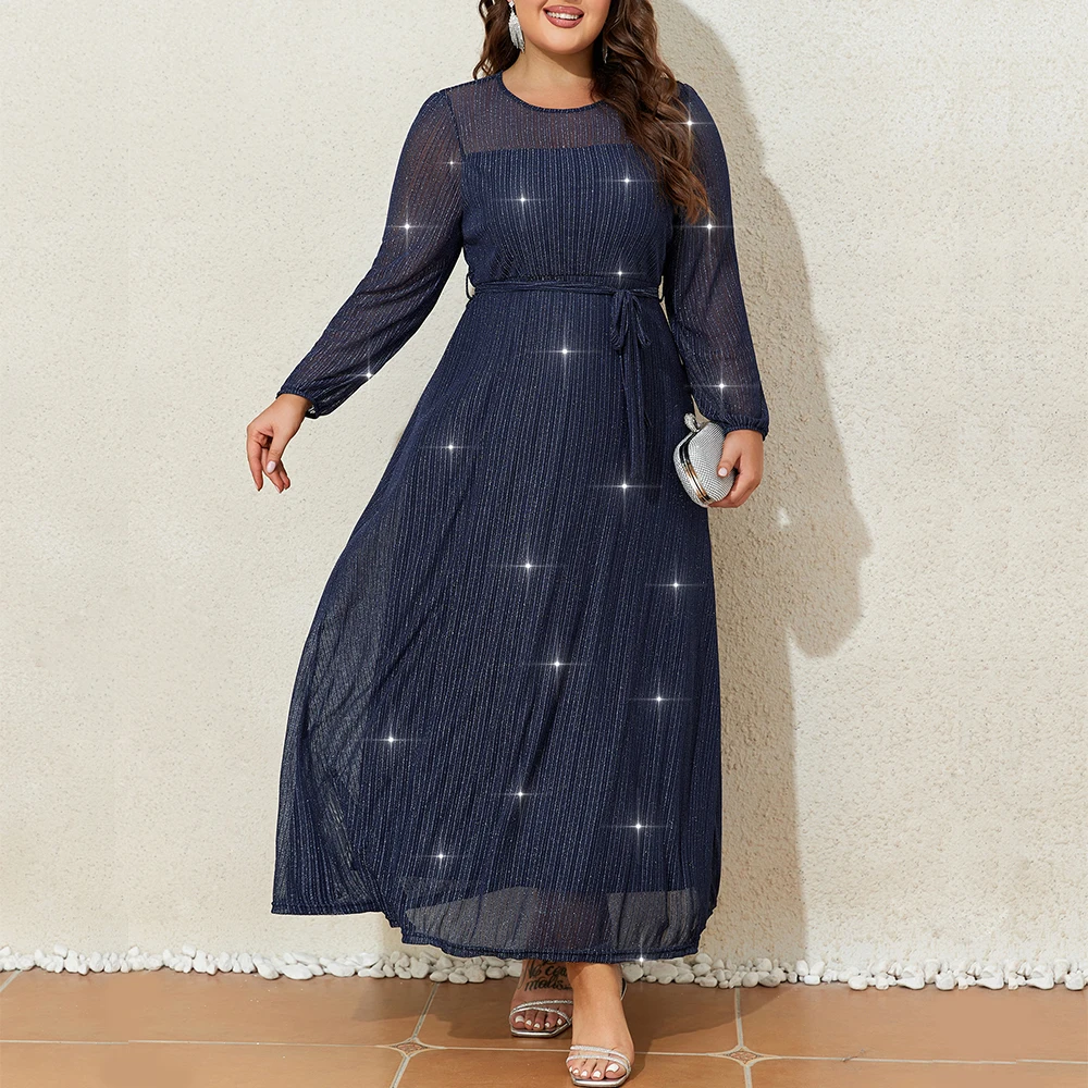 Vestido-de-manga-larga-con-cuello-redondo-para-mujer-ropa-informal-holgada-color-liso-elegante ...