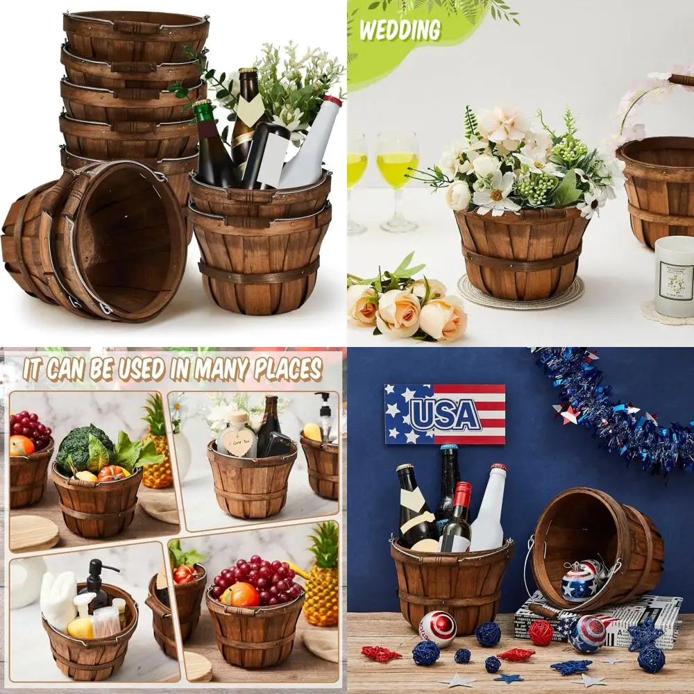 Round Wooden Apple Baskets, Small Bushel with Handles, Ideal for Gifts ...