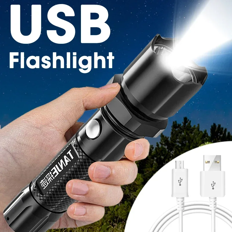 ABS Strong Light Focusing Led Flashlight 3 Modes Multi-Function Torch USB Rechargeable Outdoor ...