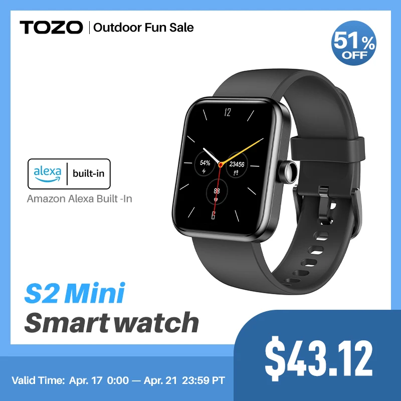 TOZO S2 미니 스마트 워치 Alexa 내장 피트니스 추적기, 심장 박동, 5ATM 방수 남성 여성 아이폰 및 안드로이드와 ...