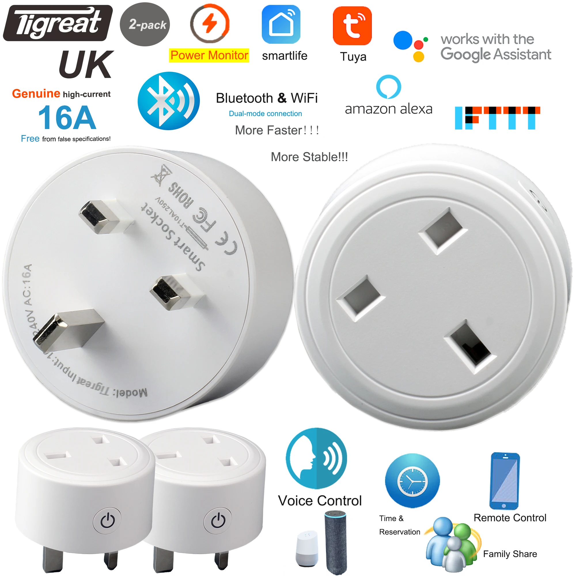 Tigreat UK Smart Plug-WiFi/Bluetooth Socket 16A-Timer&Voice&Remote ...