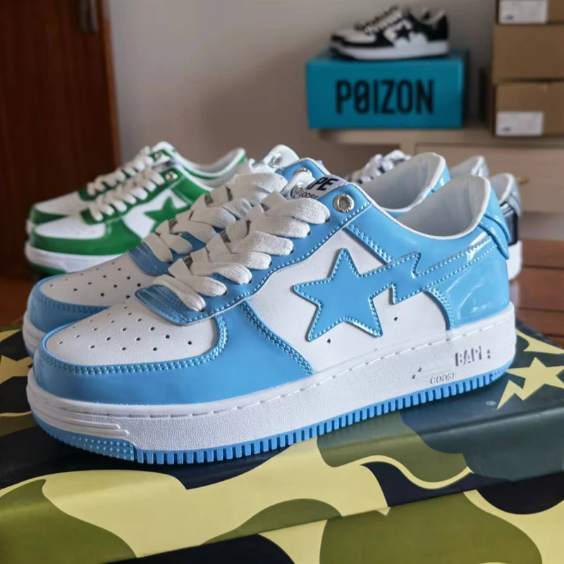 BAPE GOOSE STA co 브랜드 페이턴트 가죽 스타 슈즈, 캐주얼 보드 슈즈, 연인을 위한 로우탑 가죽 신발 ...