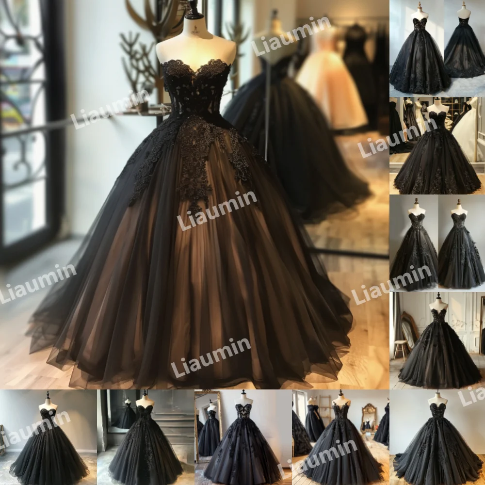 Black-Tulle-Lace-Applique-StrapLess-Ball-Gown-Prom-Formal-Occasion-Dress-Evening-Party-Lace-Up ...