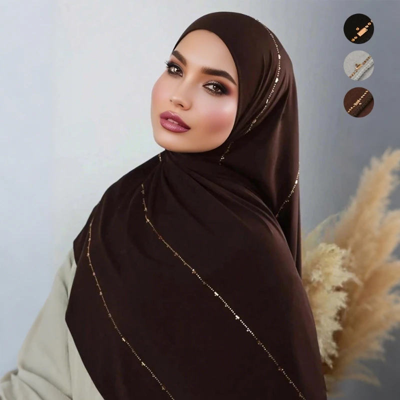 Women Cotton Jersey Hijab Scarf Glitter Shimmer Edge Shawl Women Soft ...