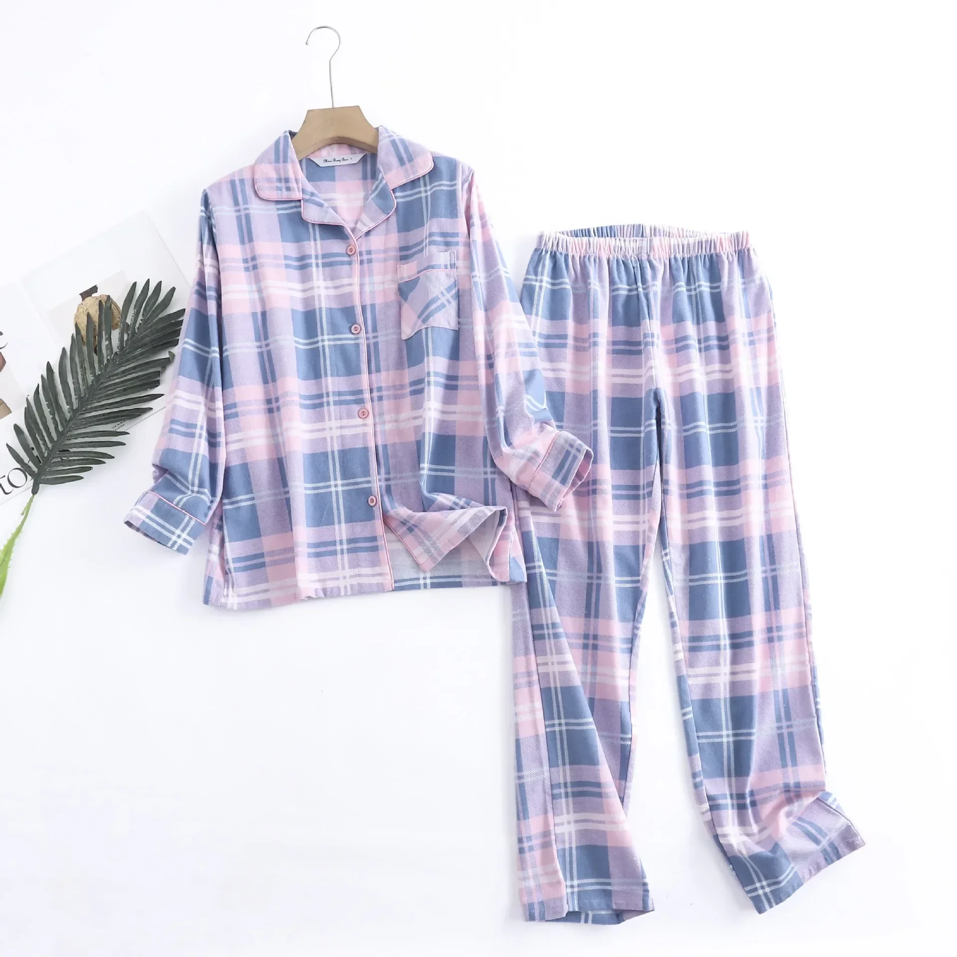Cotton-Flannel-Trouser-Pajamas-Suit-for-Home-Wear-Simple-Printed-Loose ...