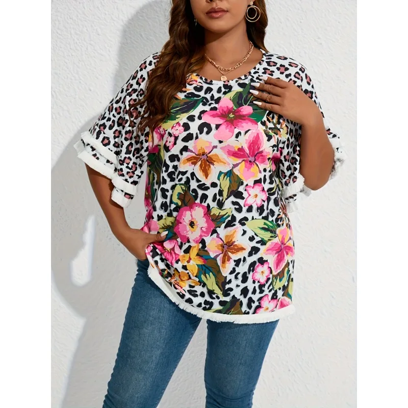 Plus Size 1XL-5XL New Women's Loose-Fit T-Shirt Round Neck Printing ...