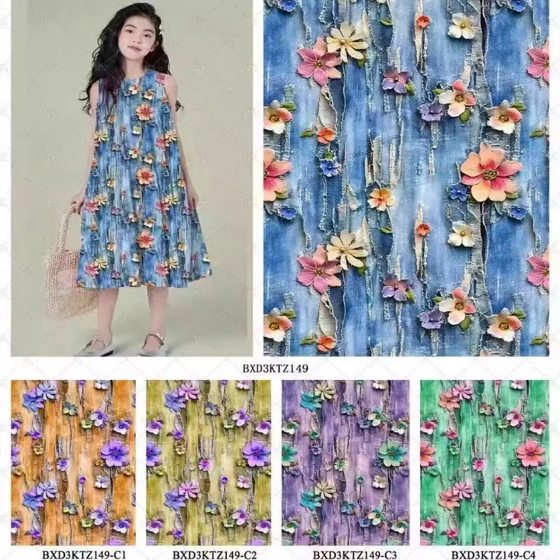Blue Floral 5D Digital Print Sateen Viscose Blend Fabric Soft Dress ...