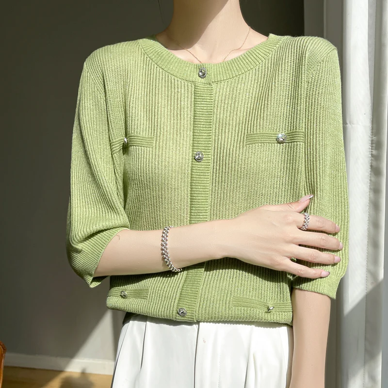 High-grade-fragrance-worsted-wool-short-sleeved-women-s-round-neck ...