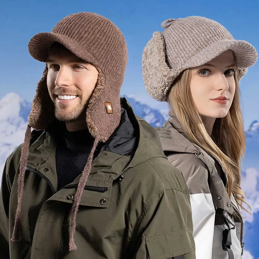 Unisex-Winter-Bomber-Hat-Short-Brim-Skullies-Beanies-with-Earmuffs ...
