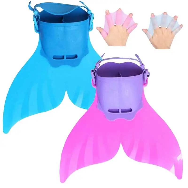 Child Mermaid Tail Flippers Monofin Boys Girls Pool Beach Hand Fins For ...
