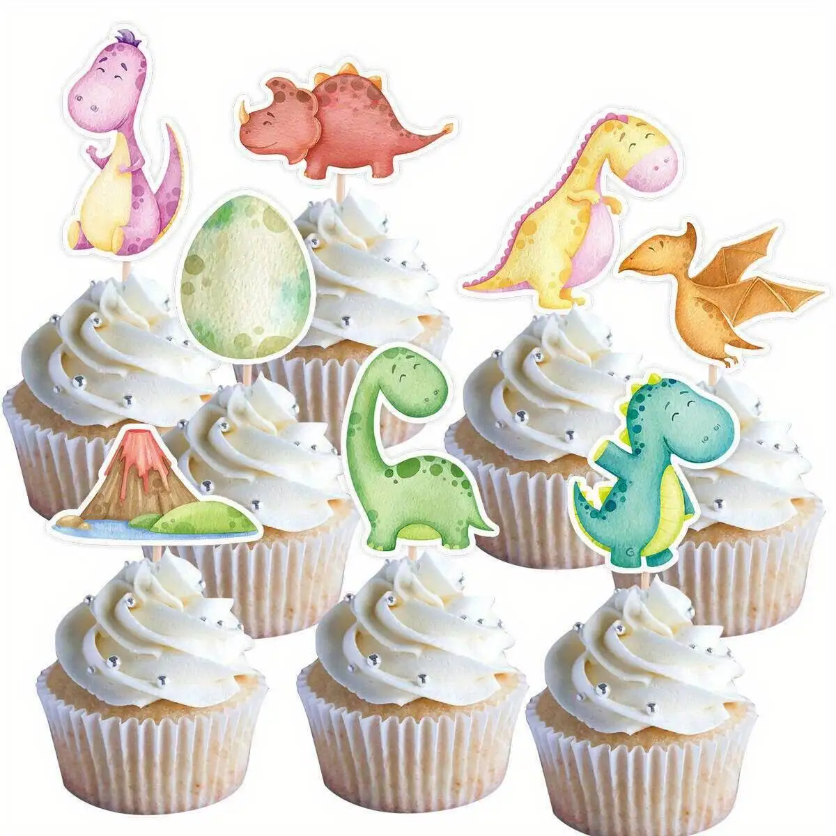 32Pcs Carton Dinosaur Cupcake Topper Watercolor Dinosaur with Bamboo ...