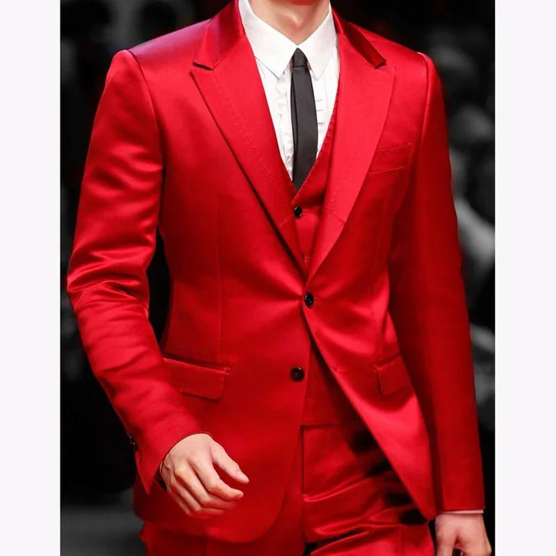 Slim Fit Red Men Suits for Prom Singer Stage 3 Piece Satin Wedding ...