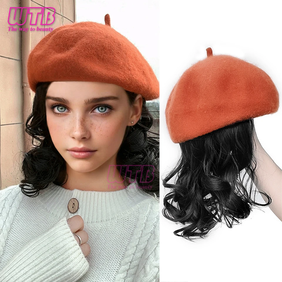 Hat-Wig-Synthetic-Short-Curly-Wavy-Hair-Wigs-With-Hat-Berets-Cap-Wig ...