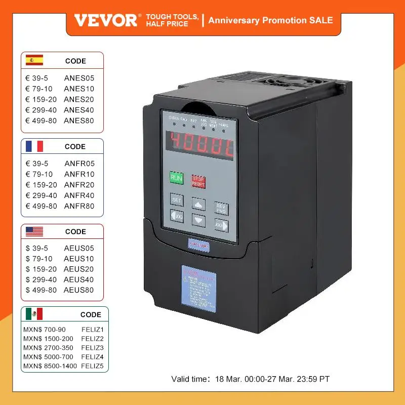 VEVOR VFD Frequency Inverter 1.5/2.2/3.0/4.0/5.5/7.5KW 220V 3P Variable Speed Drive Frequency ...