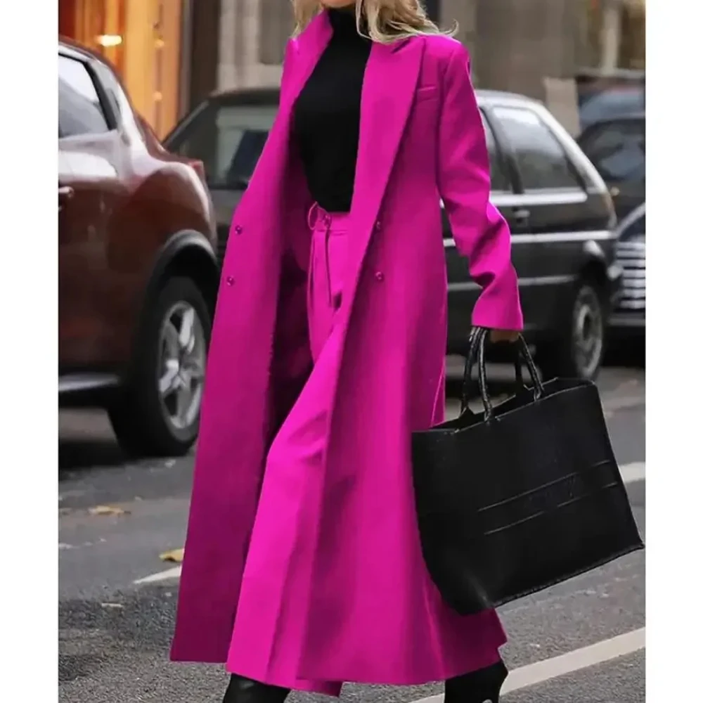Fashion-Solid-Color-Women-Suits-2-Piece-Set-Purple-Long-Blazer-Trousers ...