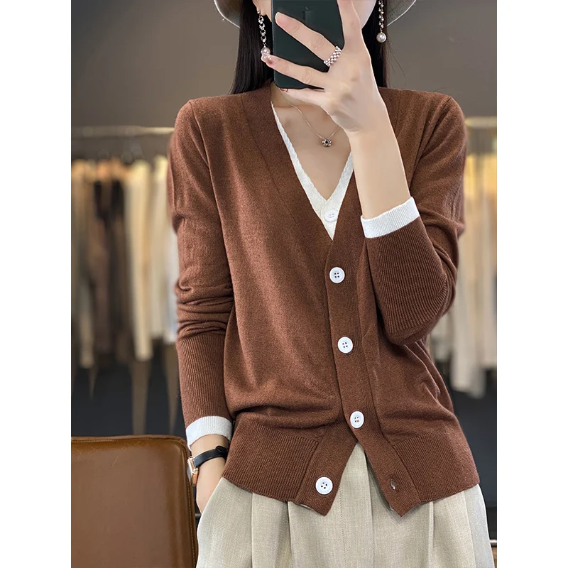 Thin-Color-Matching-Worsted-Wool-Cardigan-Female-V-Neck-Long-Sleeved ...