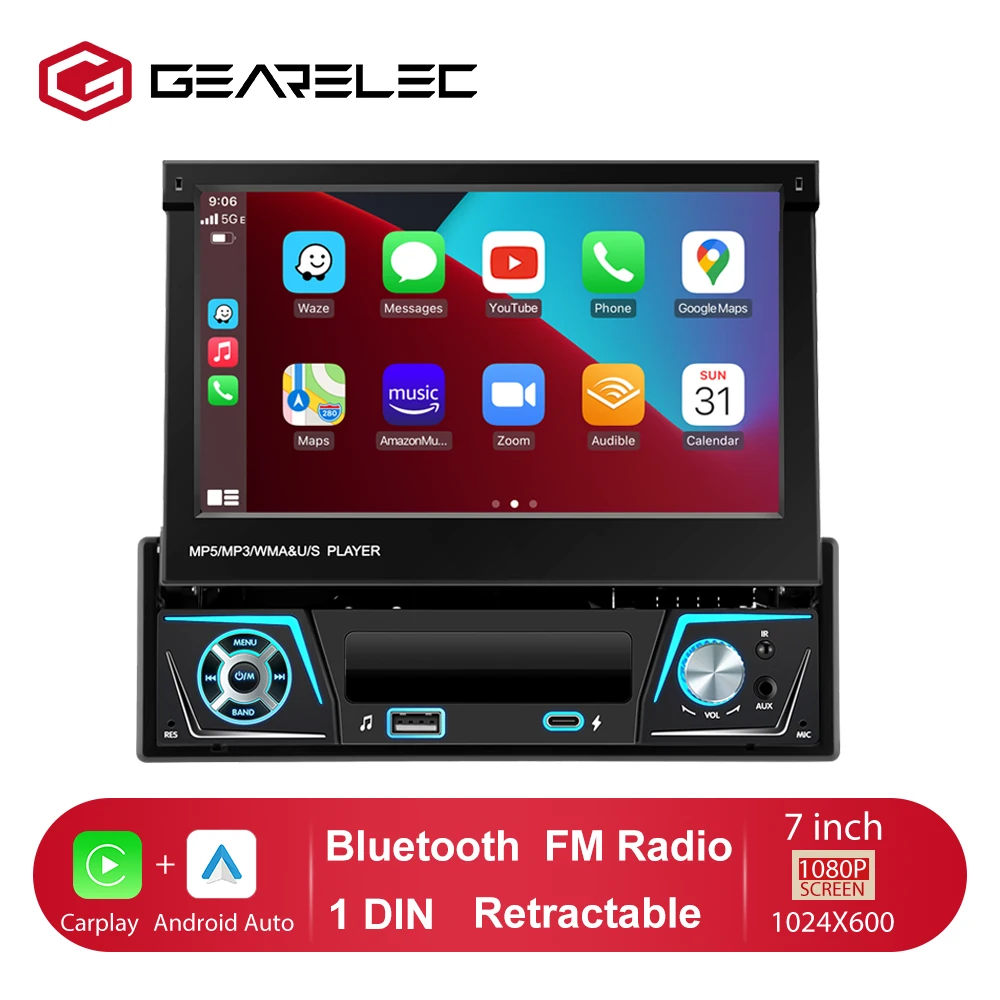 1 Din Car Radio Carplay Android Auto IPS Retractable Screen 1 din Car Multimedia Player 7 Inch ...