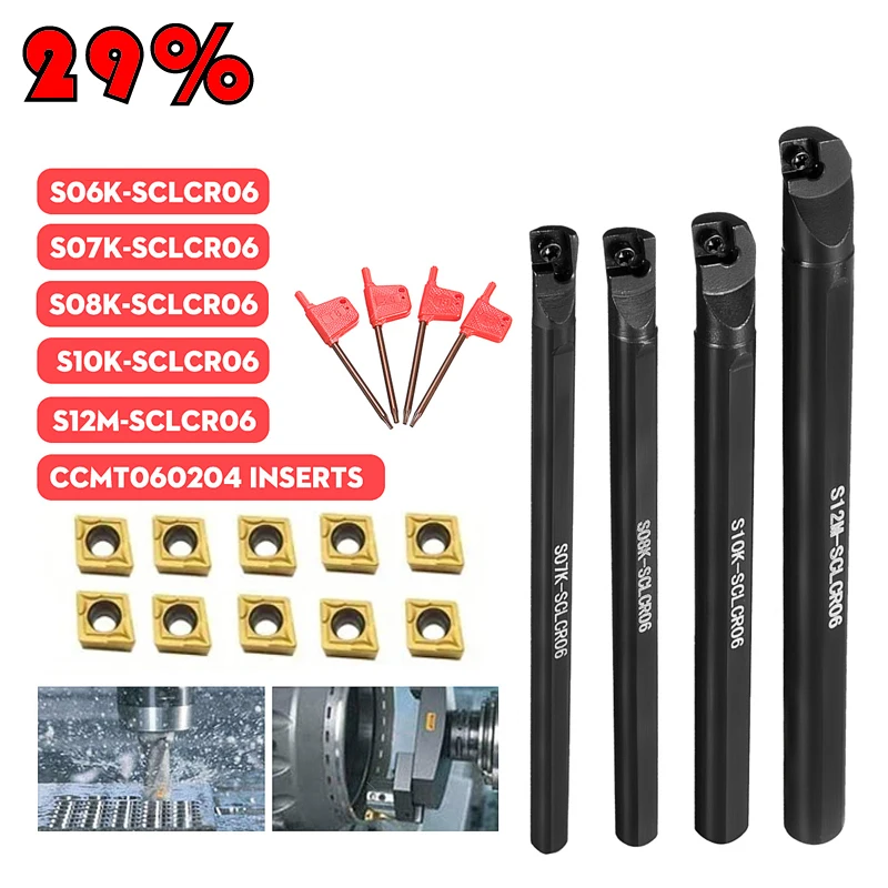 S06K-S07K-S08K-S10K-S12M-SCLCR06-Turning-Tool-Holder-10PCS-CCMT060204-Carbide-Inserts-SCLCR-CCMT ...