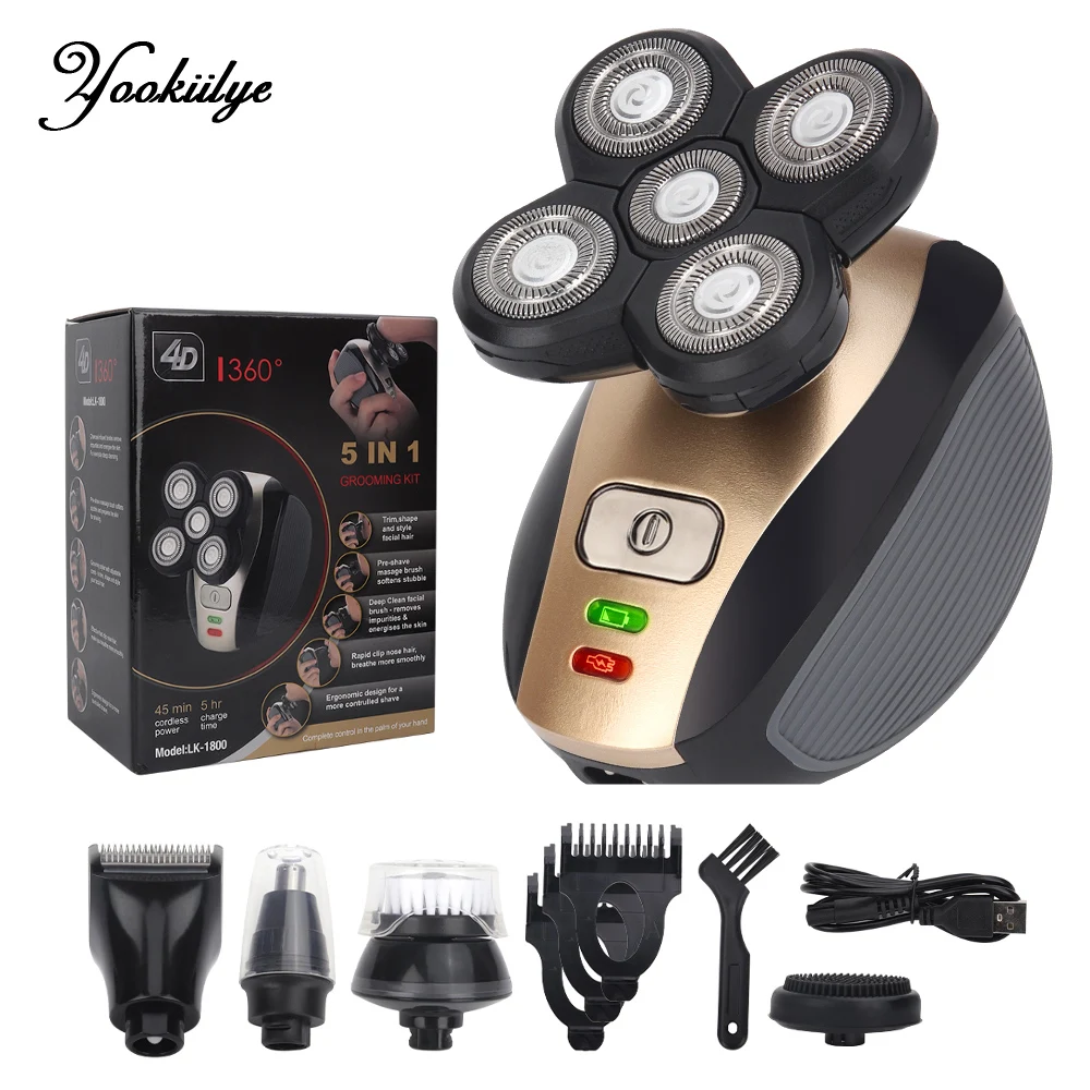 5 In 1 4D Men's Rechargeable Bald Head Electric Shaver 5 Floating Heads ...