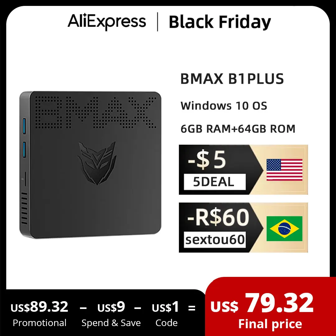 BMAX B1 Plus Mini PC Intel Apollo Lake Processor N3350 Windows 10 4K 6GB 64GB BT4.0 1000M AC ...