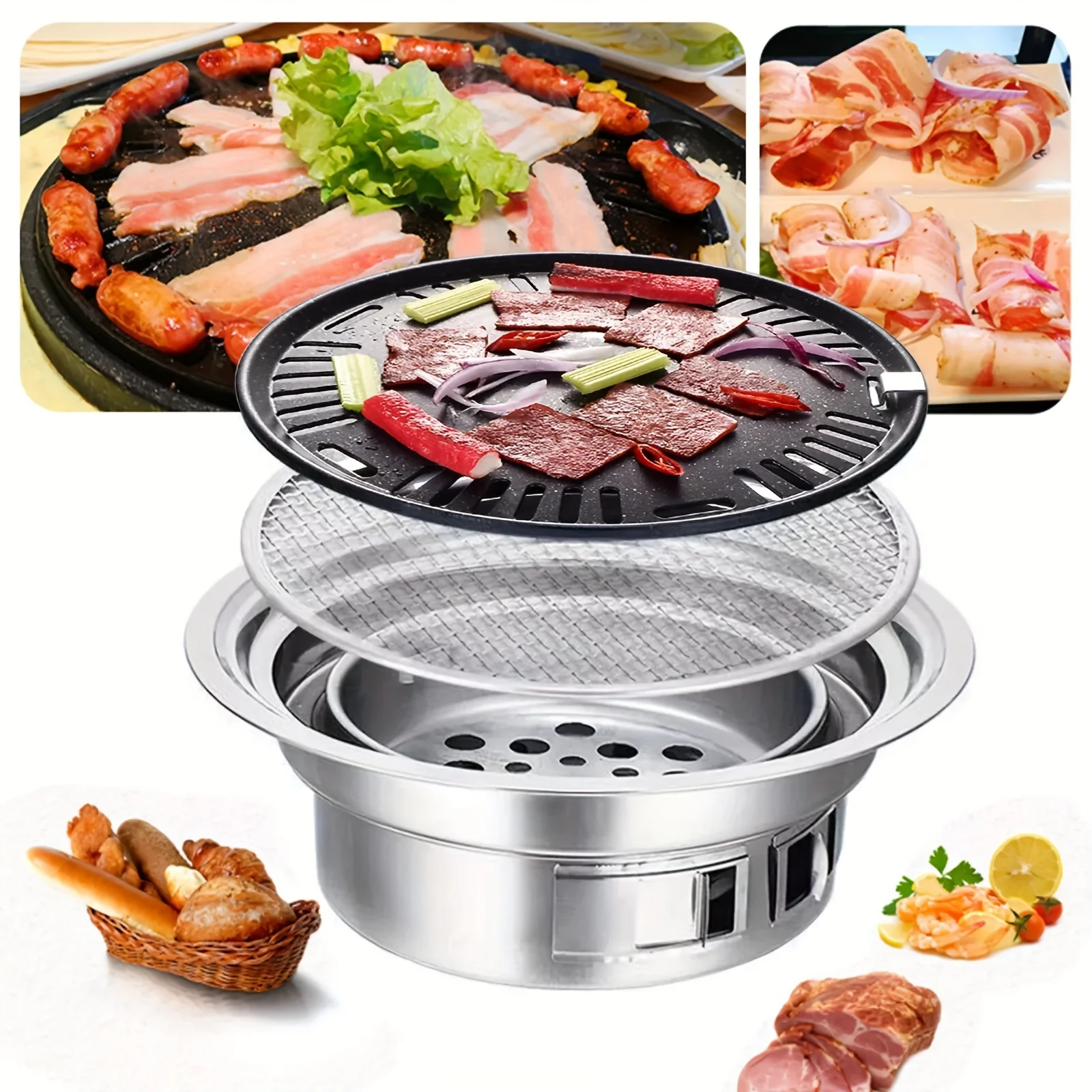 Round-Barbecue-Grill-Stove-Camping-Charcoal-Stove-Stainless-Steel-Non ...