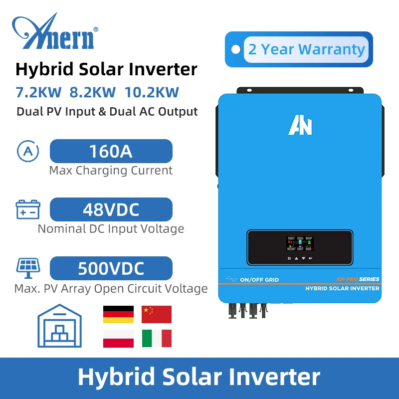 Anern 10.2KW 8.2KW Solar Hybrid Inverter 48V 230V Pure Sine Wave Hybrid Photovoltaic Inverter ...