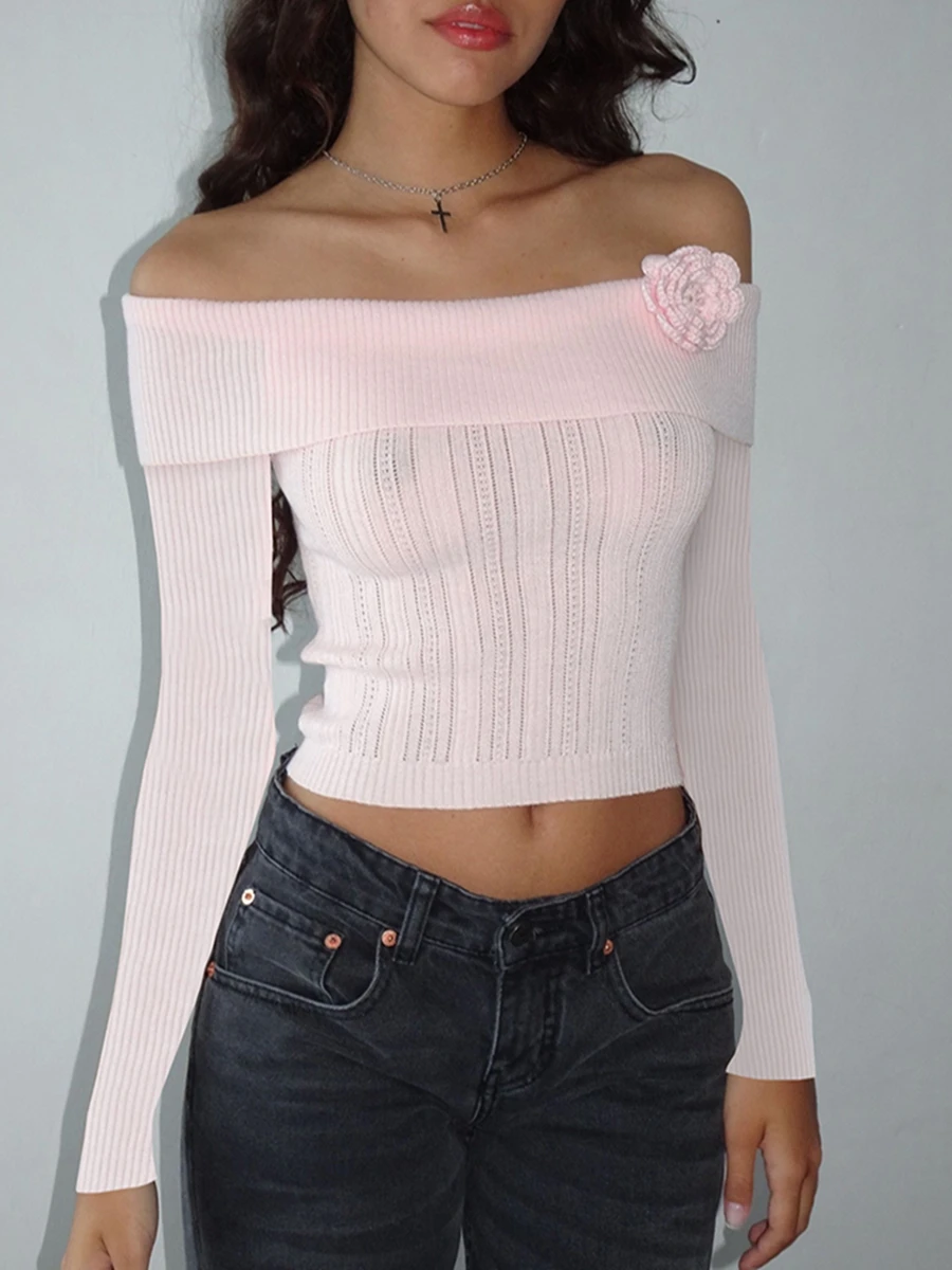Women Y2K 3D Floral Off Shoulder Knit Top Sexy Long Sleeve Ribbed ...