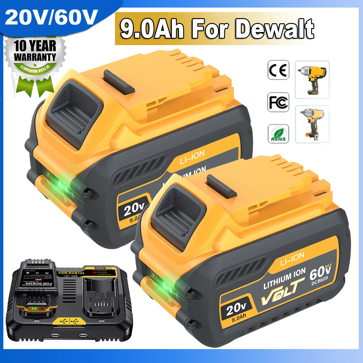 9.0Ah 60V Battery For Dewalt 20V Battery DCB609 Replacement Battery Li-ion Power Tool Battery ...