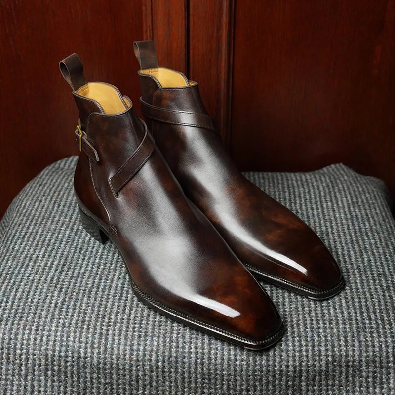New-Brown-Short-Boots-for-Men-Black-Buckle-Strap-Fashion-Ankle-Boots ...