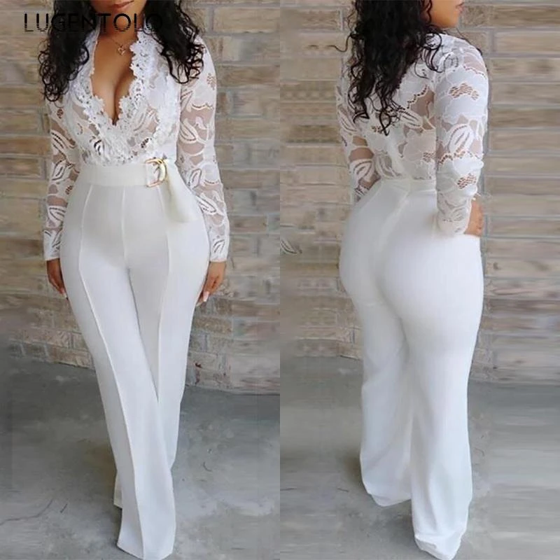 White Jumpsuit Women Lace Stitching Long Sleeve V-neck Plus Size Wide ...