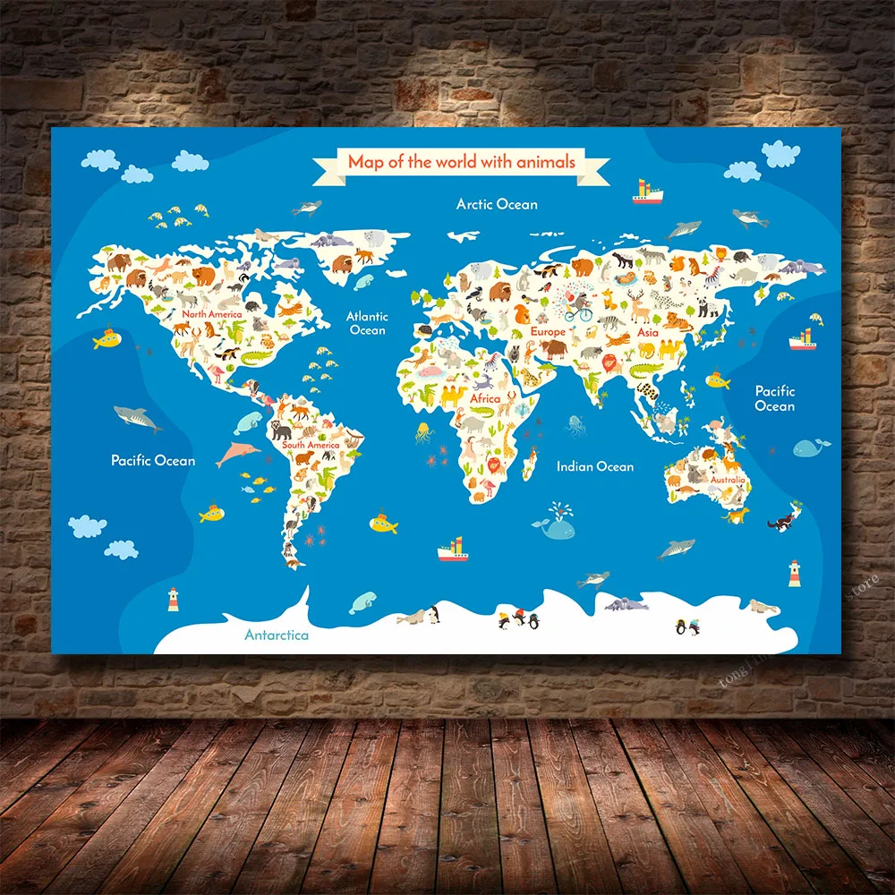 Cartoon-Animals-World-Map-Wall-Poster-for-Kids-Room-Decor-Nursery ...