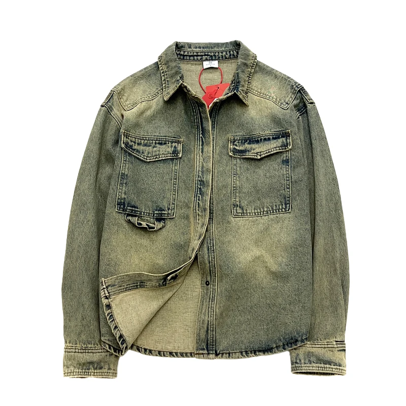 American-Retro-Distressed-Yellow-Mud-Washed-Denim-Jacket-High-Street ...