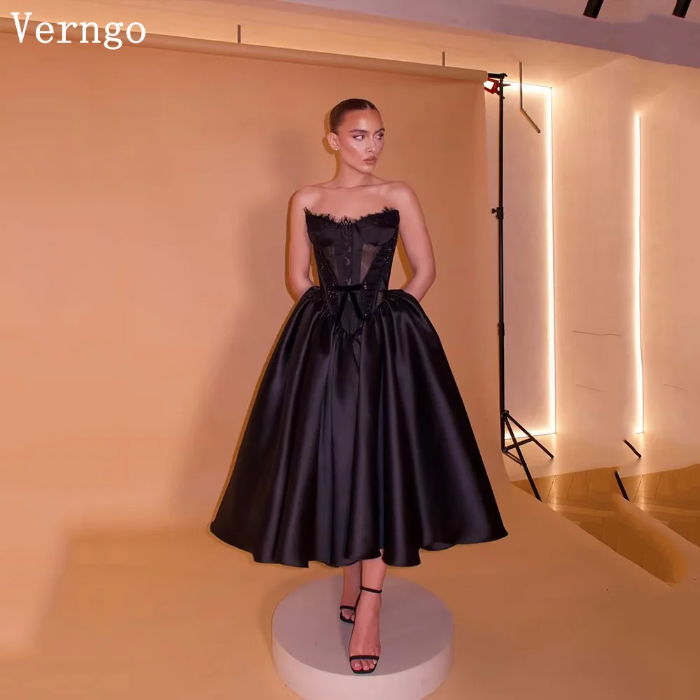 Verngo Black Satin Evening Dress Sweetheart A Line Formal Occasion ...