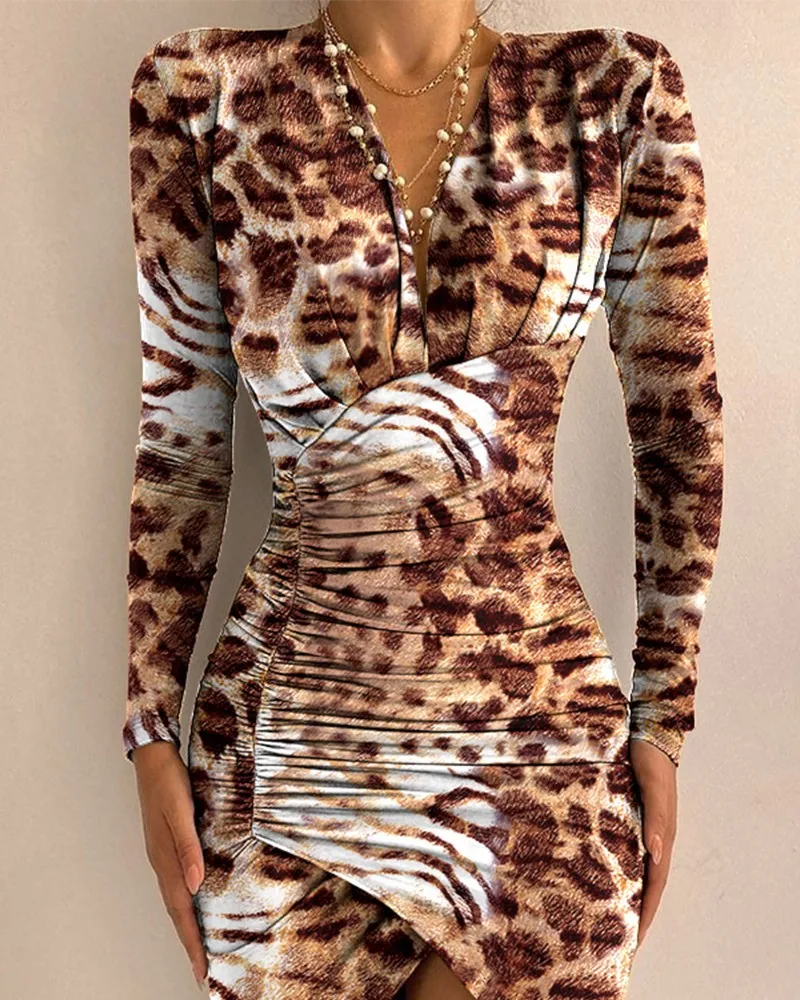 Printed V Neck Pleated Tunic Slit Irregular Sexy Party Bodysuit Dress